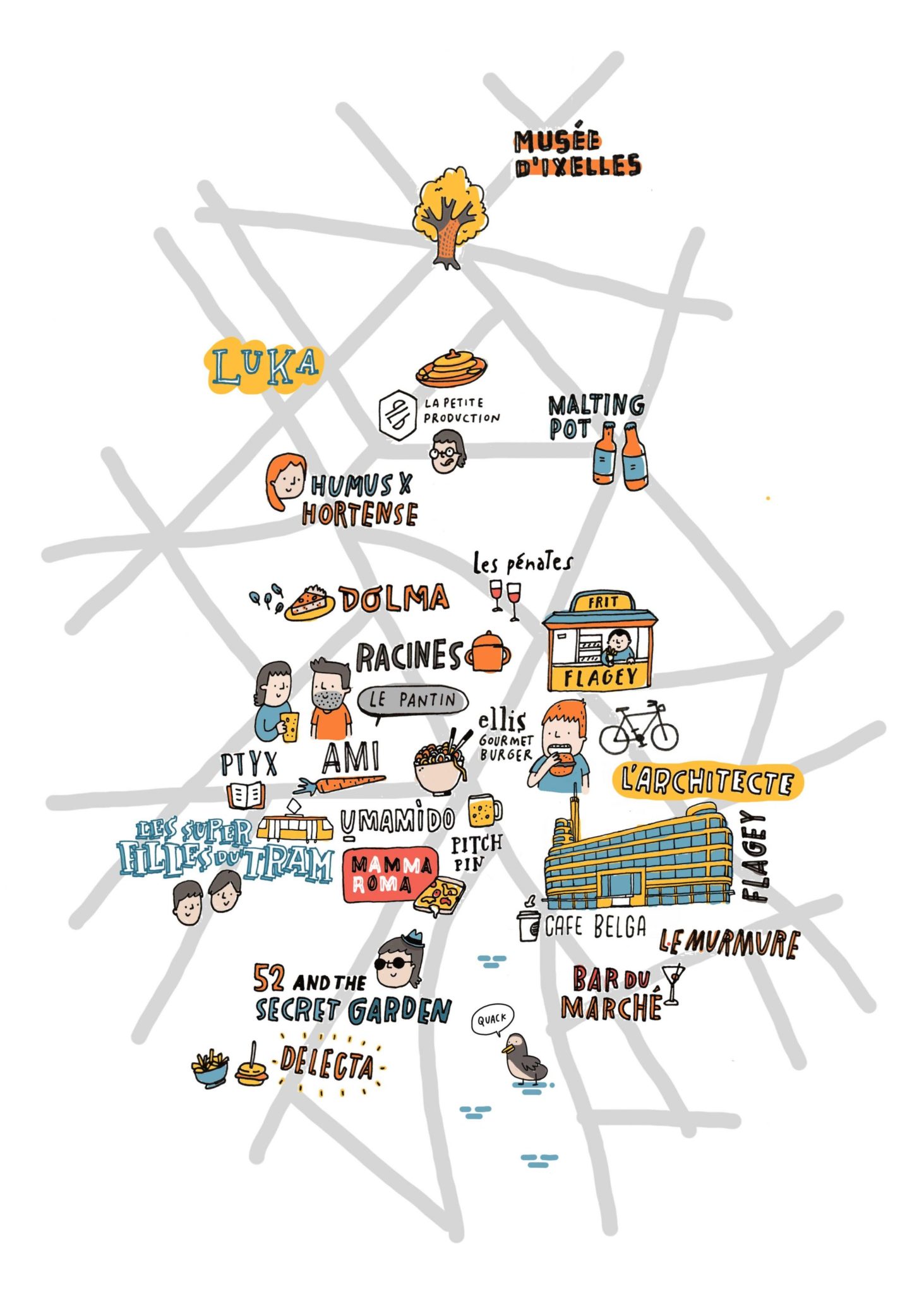 Sketching the city: Illustrated map of Flagey - We Love Brussels